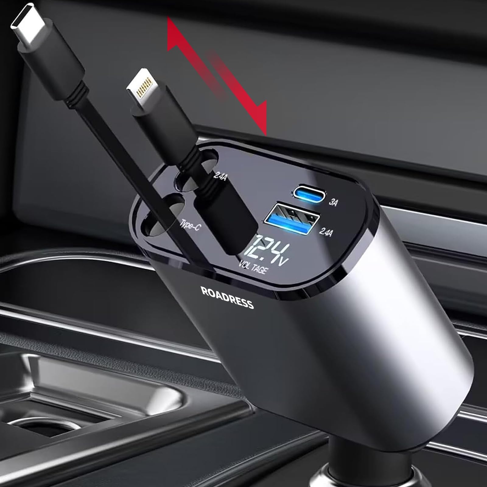 ROADRESS Retractable Car Charger with Dual Retractable Cords, Type-C Cable Fast Charging Up to 100W, 4 in 1 Fast Car Phone Charger with Voltage Display for iPhone 15/14/13/12 Pro Max,iPad,Samsung