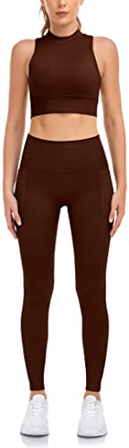 Women's Yoga Workout 2 Piece Seamless Sets with Ribbed Design, High Neck or One Shoulder Strap Top