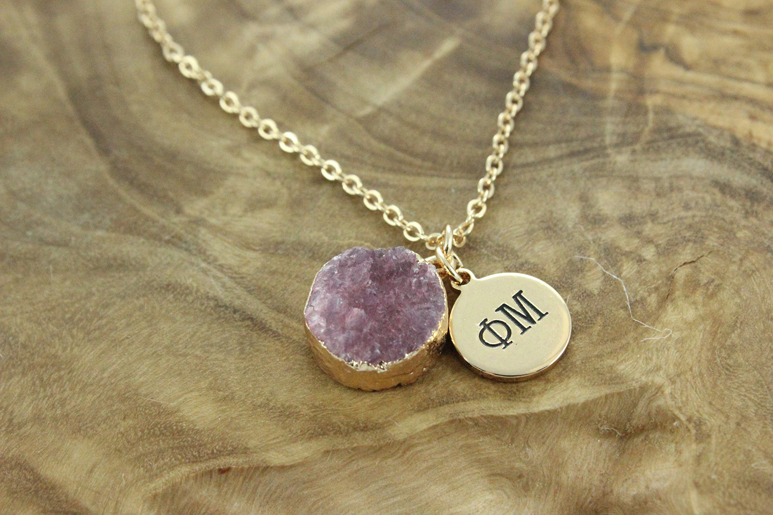 Sorority Shop PM Necklace - Phi Mu Pink Druzy Gemstone Necklace With Engraved Pendant β 14K Gold Dipped Jewelry with Pink Gemstone β Sorority Gift, Charm Paraphernalia