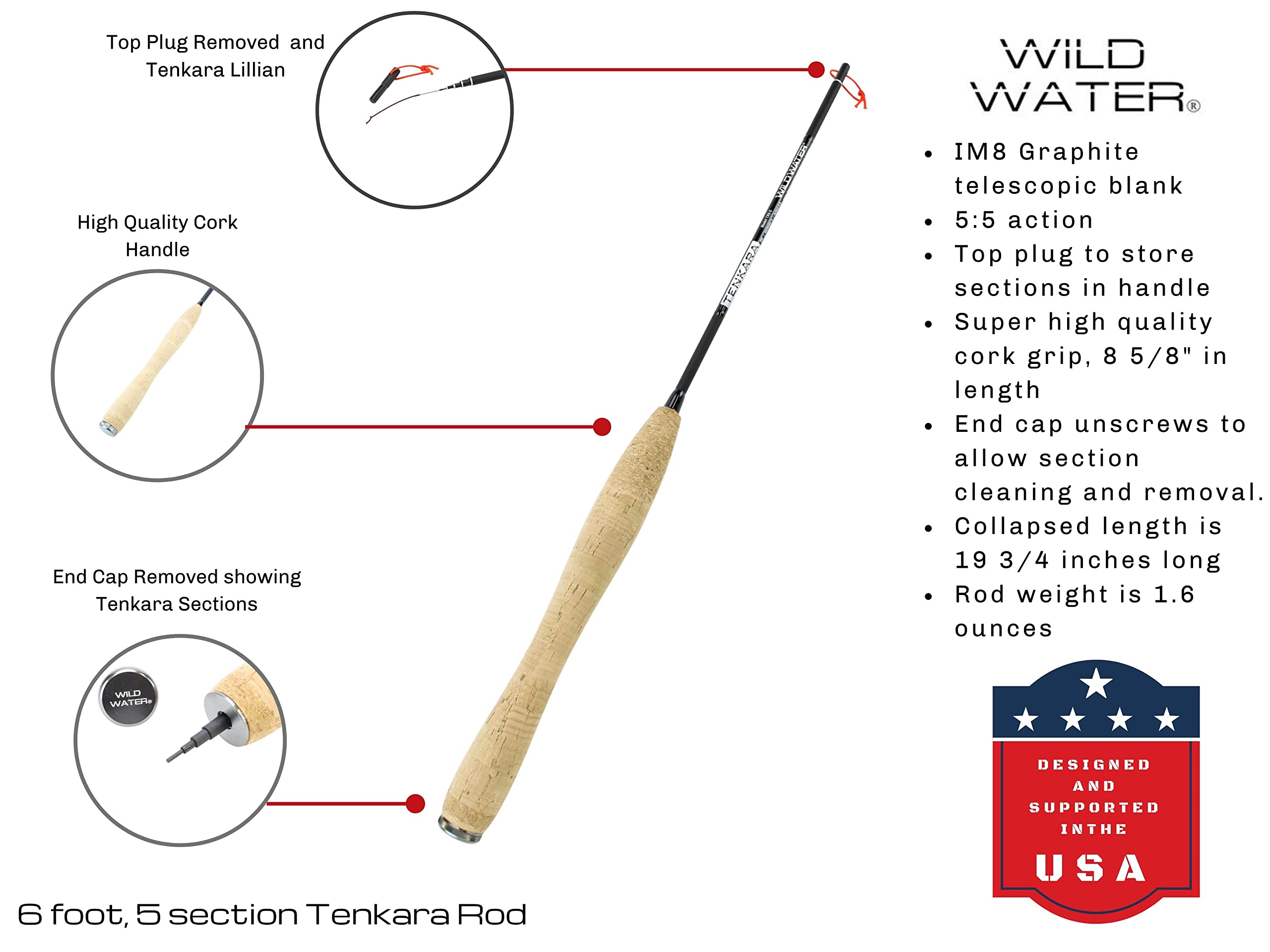 Wild Water Fly Fishing Tenkara Rod, 6 Foot, 5 Section IM8 Graphite Telescopic Rod with Cork Handle, Hard Tube Rod Case and Knitted Rod Sock