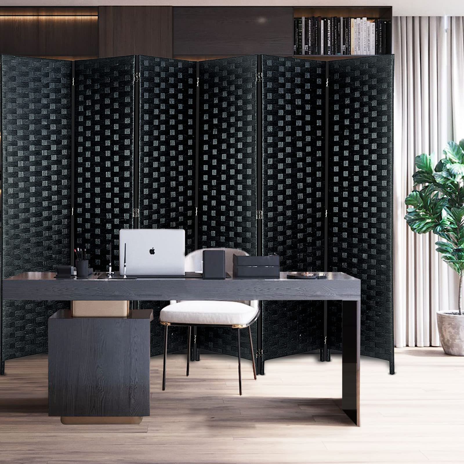 RHF 6 ft.Tall 16" Wide Room Dividers,Double Side Woven Fiber Divider,Better Privacy Screen,Folding Partition & Wall Divider,Space Seperate Indoor Decorative 6 Panel Screen,Freestanding- Black,6 Panels