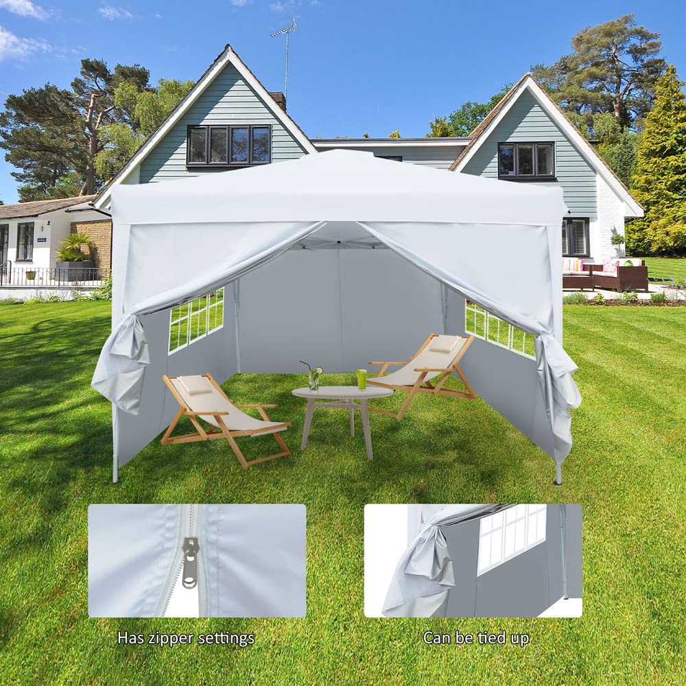 Pop Up Canopy 10 x 10ft, Patio Wedding Gazebo Waterproof Silver White Canopy with Sidewalls Party Wedding Tent Cater Events Pavilion Beach BBQ Event,with Bag