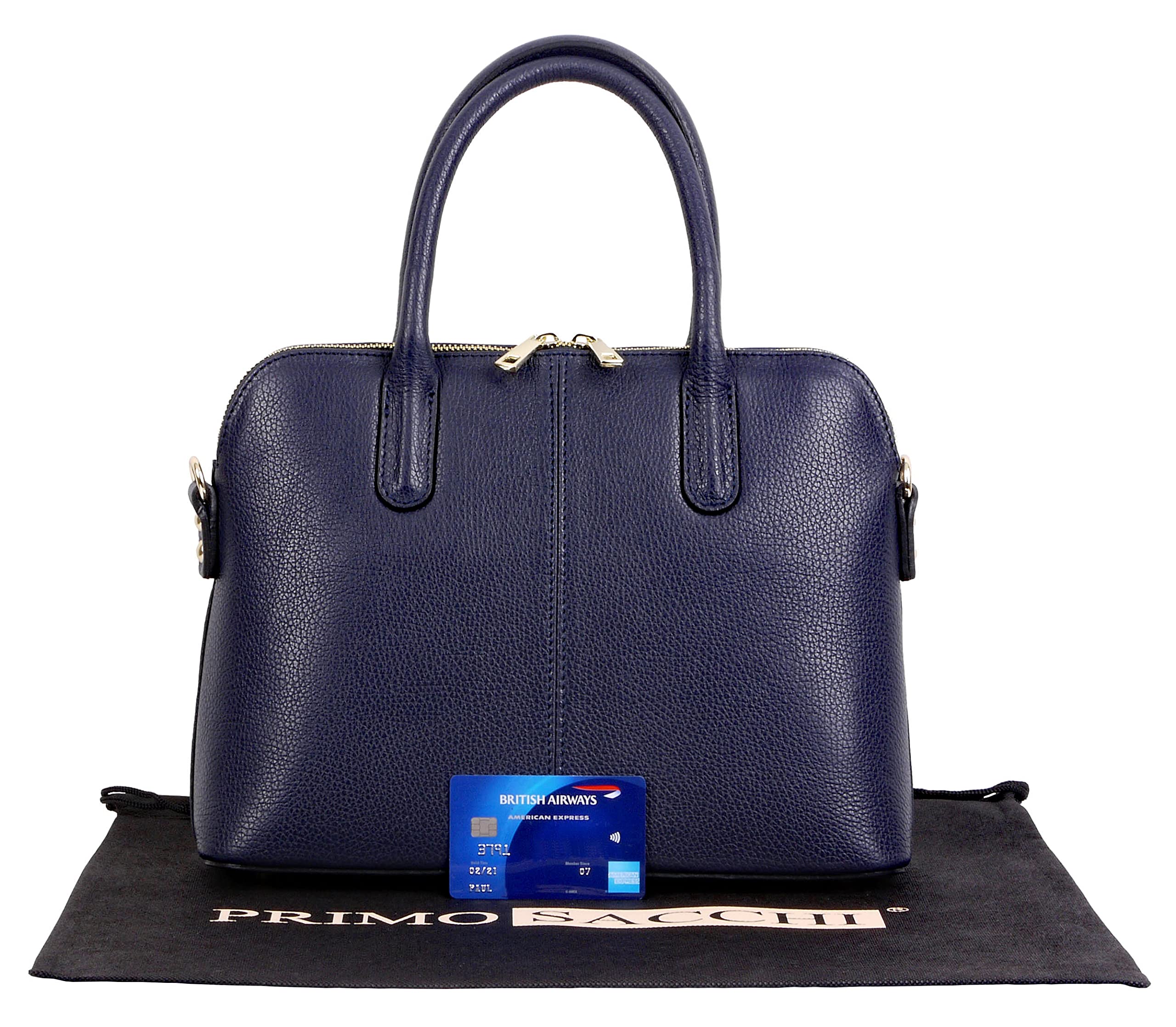 PRIMO SACCHI Italian Textured Navy Blue Leather Bowling Style Tote Grab Shoulder Bag Handbag Purse