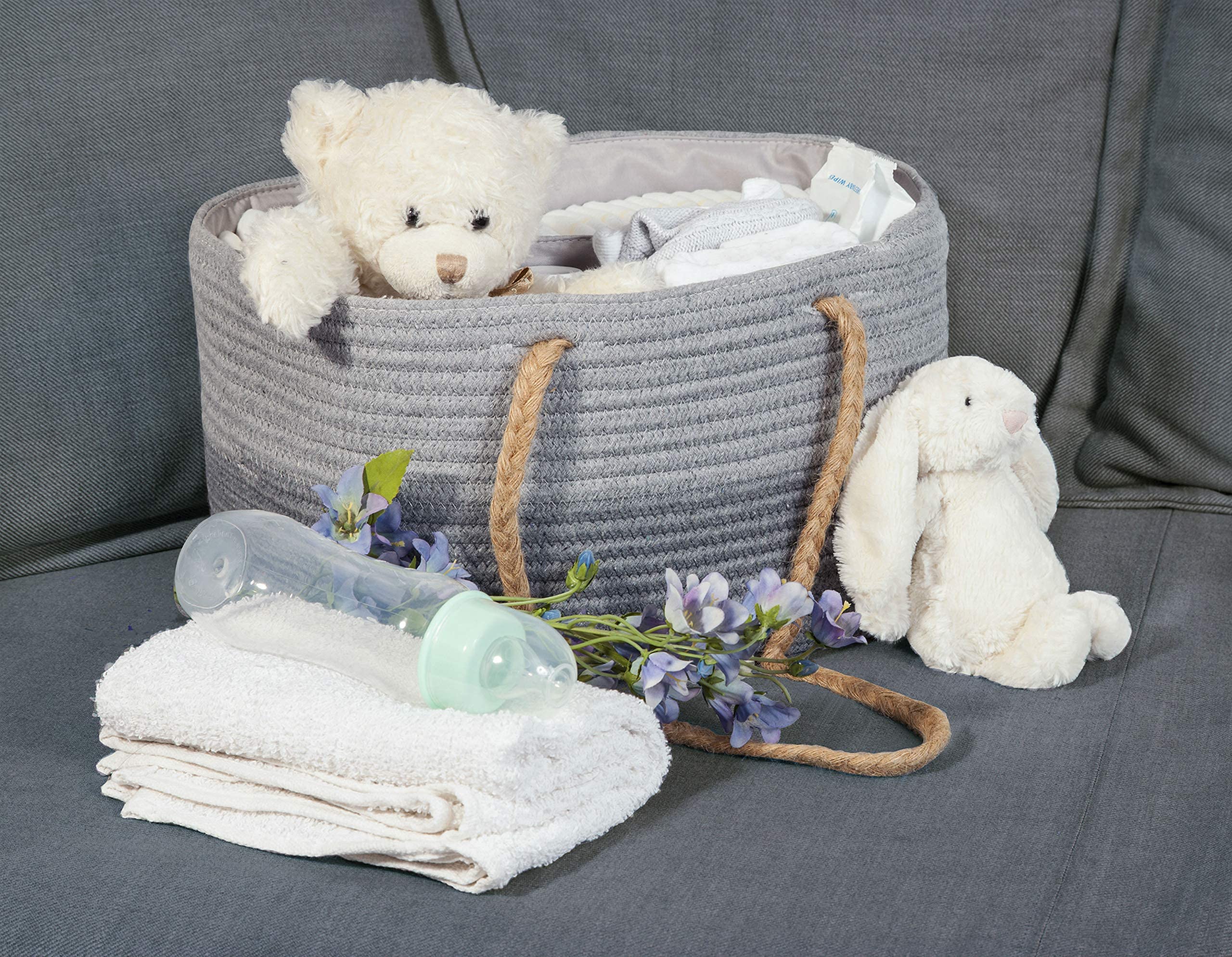 Rectangular Lined Cotton Rope Basket in Grey with Long Rope Handles and Compartments – Storage organizer for Baby Nursery, Diaper Caddy Organizer – Versatile Decorative Tote Caddy Basket by BoodaBooda