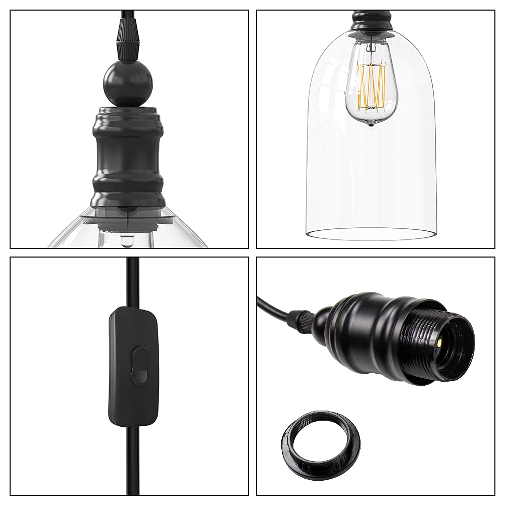 WINSOON Plug in Pendant Light, 15FT Cord On/Off Switch Hanging Light Modern Ceiling Lamp, Oval Clear Glass Shade for Kitchen Island Bedroom Living Dining Room