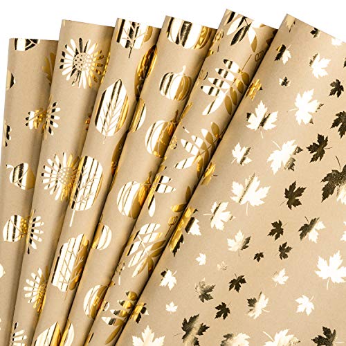RUSPEPA Wrapping Paper Roll Sheets Kraft Paper - Pumpkin and Maple Leaf Autumn Design Gold Foil - 17.5 x 30 inches Each Sheet, Total of 6 Sheets Packed in 1 roll