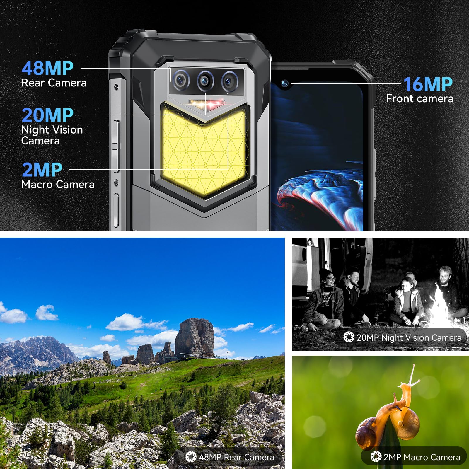 OUKITEL WP26 Rugged Smartphone Unlocked, 16GB RAM, 1200 Lumen Camping Light, 10000mAh Battery, IP68 Waterproof, Android 13, 48MP Camera, Dual SIM, 256GB Storage, 6.58" FHD+ Display