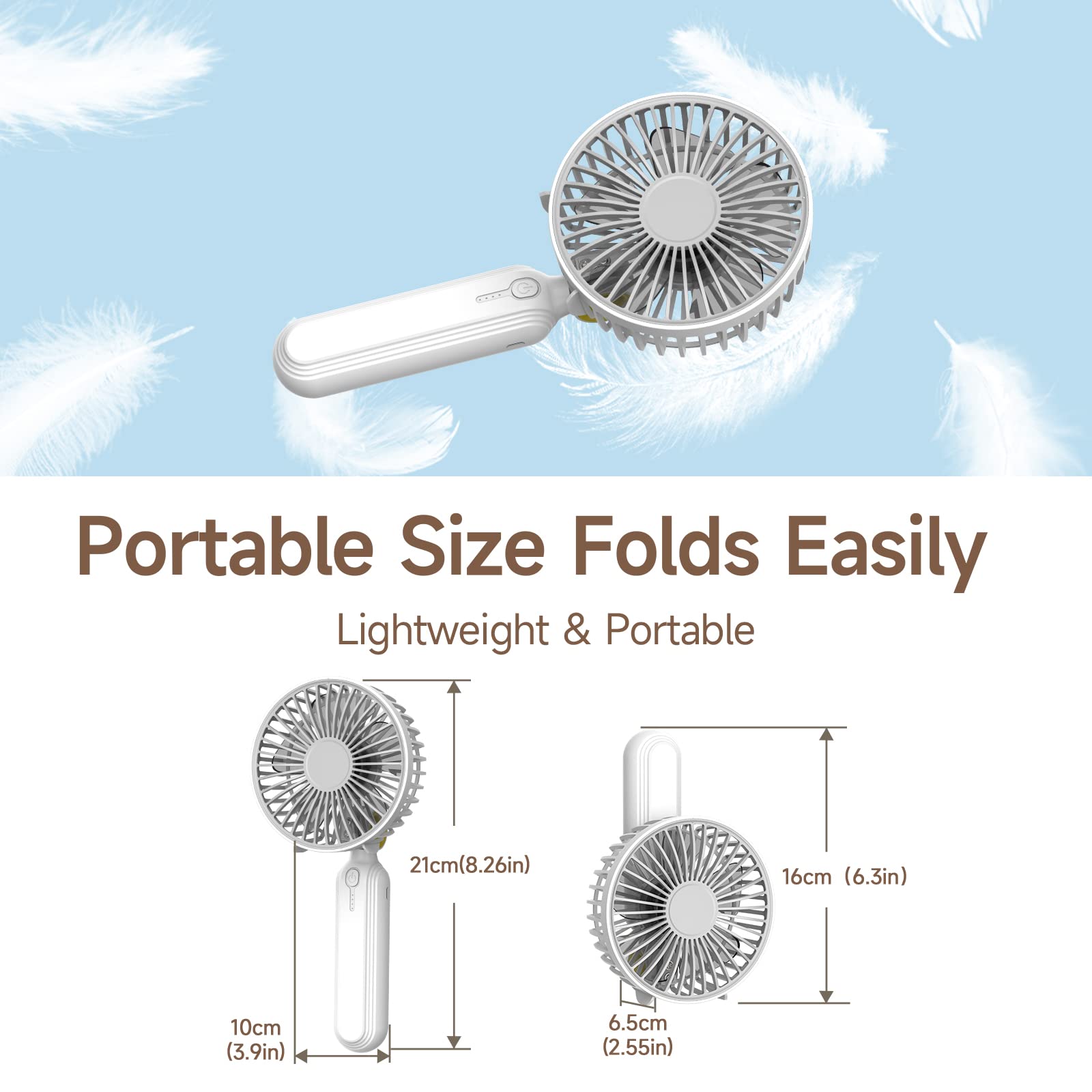 WIXAS Handheld Fan, Mini Portable Foldable Fan, Pocket Battery Rechargeable Hand Fan, for Travelling and Eyelash Fan 2000Ah(White)