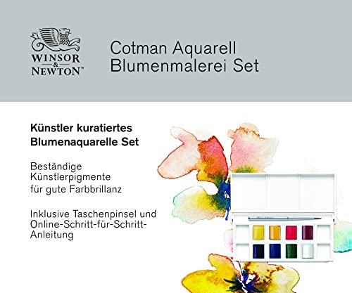 Winsor & Newton Cotman Watercolor Paint Set, 8 Half Pan, Floral Colors w/ Brush