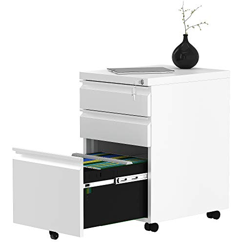 YITAHOME 3-Drawer Mobile File Cabinet with Lock, Office Storage Filing Cabinet for Legal/Letter Size, Pre-Assembled Metal File Cabinet Except Wheels Under Desk-White
