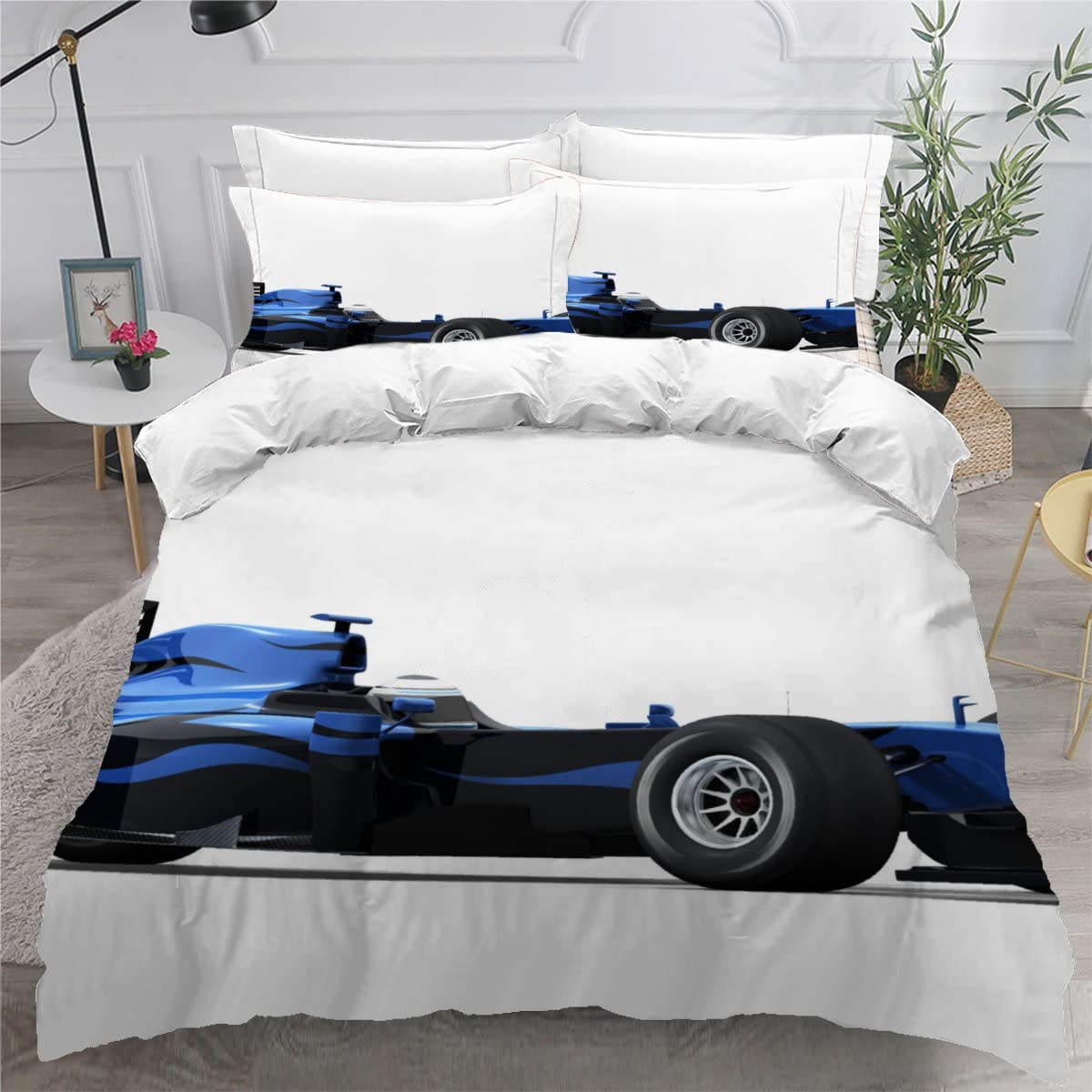 Quilt Cover Twin Size Formula One Car 3D Bedding Sets Blue Racing Car Duvet Cover Breathable Hypoallergenic Stain Wrinkle Resistant Microfiber with Zipper Closure,beding Set with 2 Pillowcase