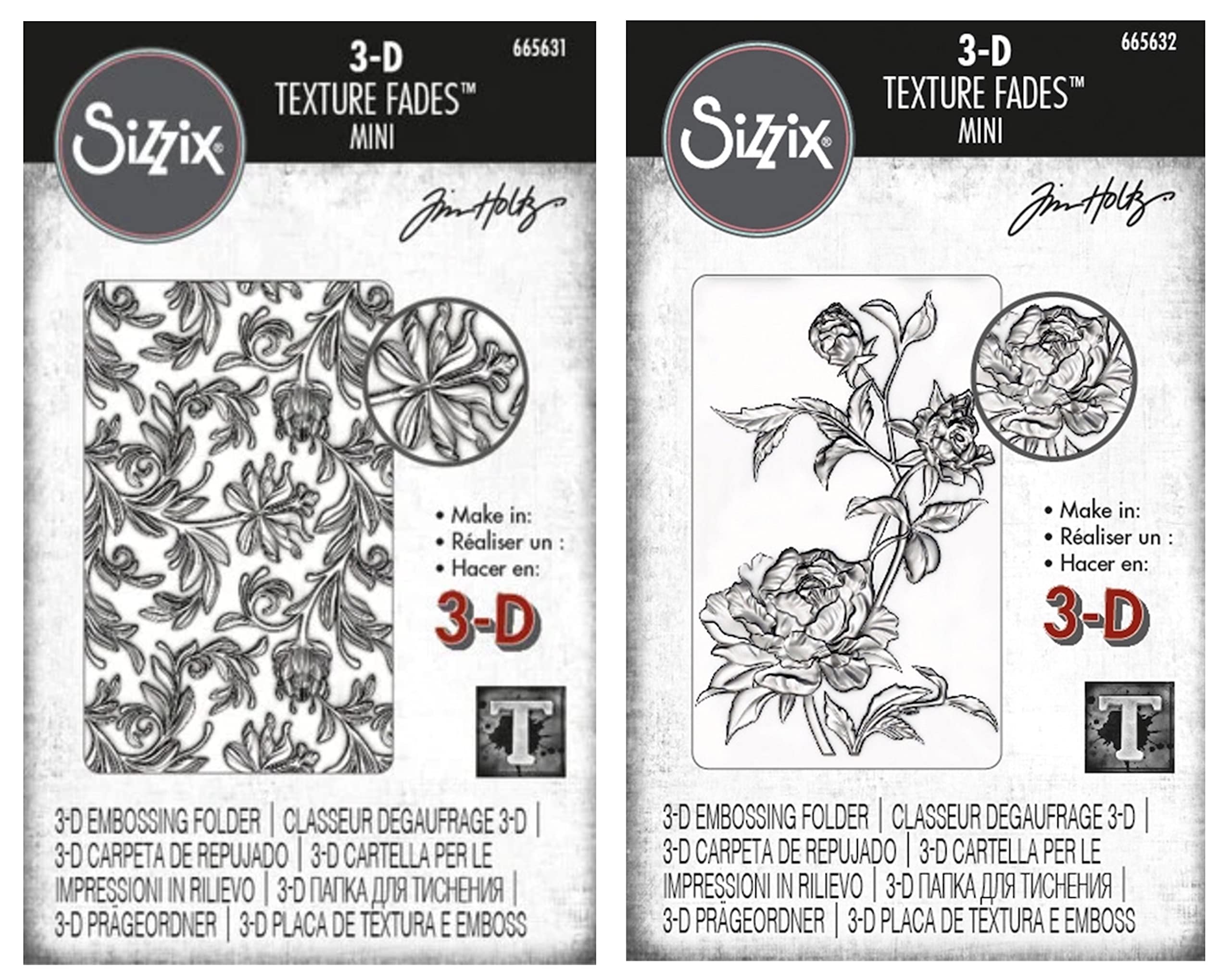 Tim Holtz Sizzix 3-D Texture Fades Mini Roses and Mini Botanical, Bundle of 2 Embossing Folders (665631 665632)