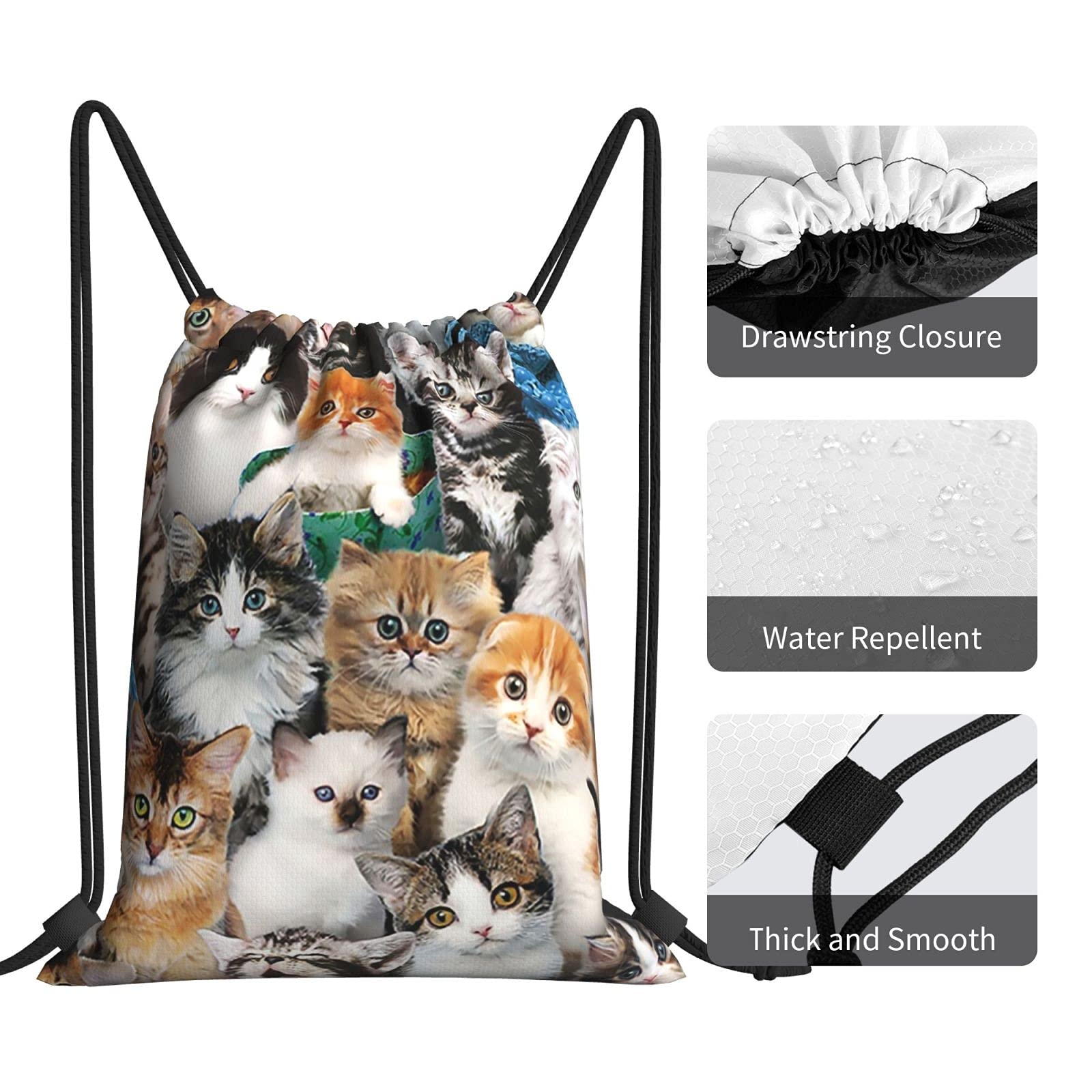 TumzfhQ cute Cats Drawstring Backpack Funny Sport Gym Bag Water Resistant Draw String Sackpack for Men Women Yoga Travel Beach Cinch Sack