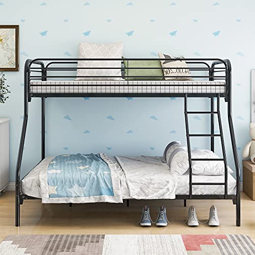 Prohon Metal Bunk Bed Twin Over Full Size with Enhanced Upper-Level Guardrail,Removable Stairs, Heavy Duty Sturdy Frame Space-Saving Design Bunkbeds for Teen Adults, No Box Spring Needed, Black