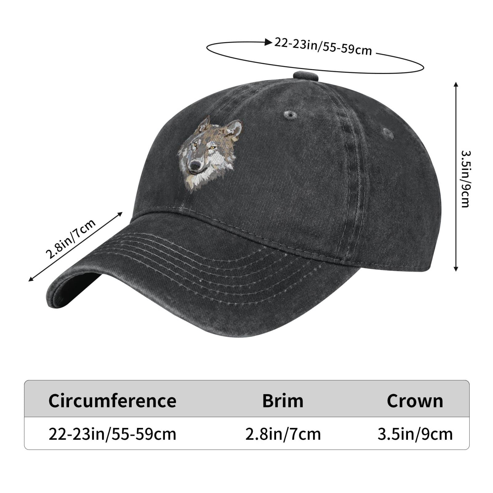 Wolf Head Hat for Men Women Black Adjustable Baseball Cap Vintage Dad Hat Breathable Low Profile Cotton Denim Hat for Running Hiking