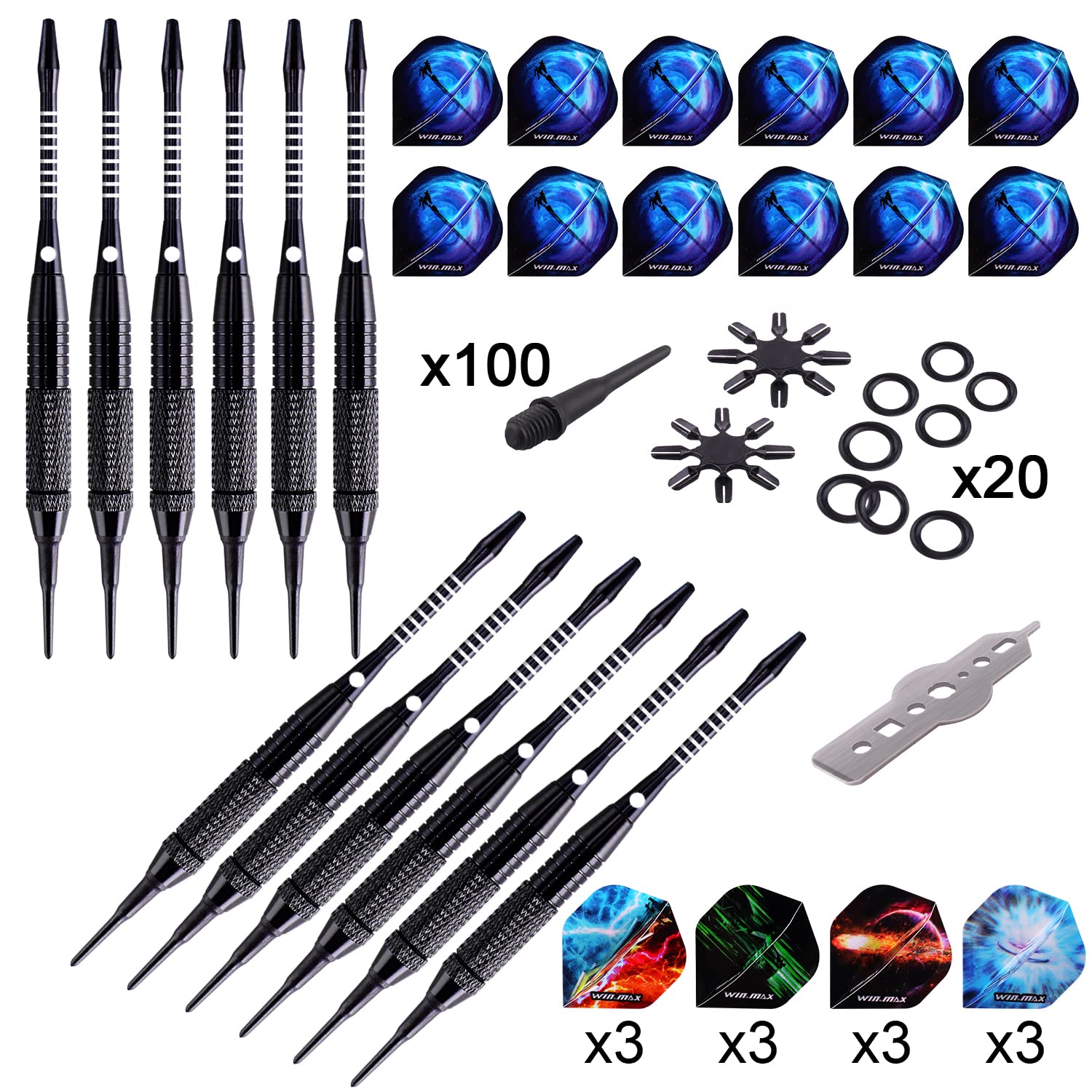 WIN.MAX Darts Plastic Tip - Soft Tip Darts Set - 12 Pcs 18 Gram with 100 Extra Dart Tips 12 Flights Flight Protectors and Wrench for Electronic Dart Board