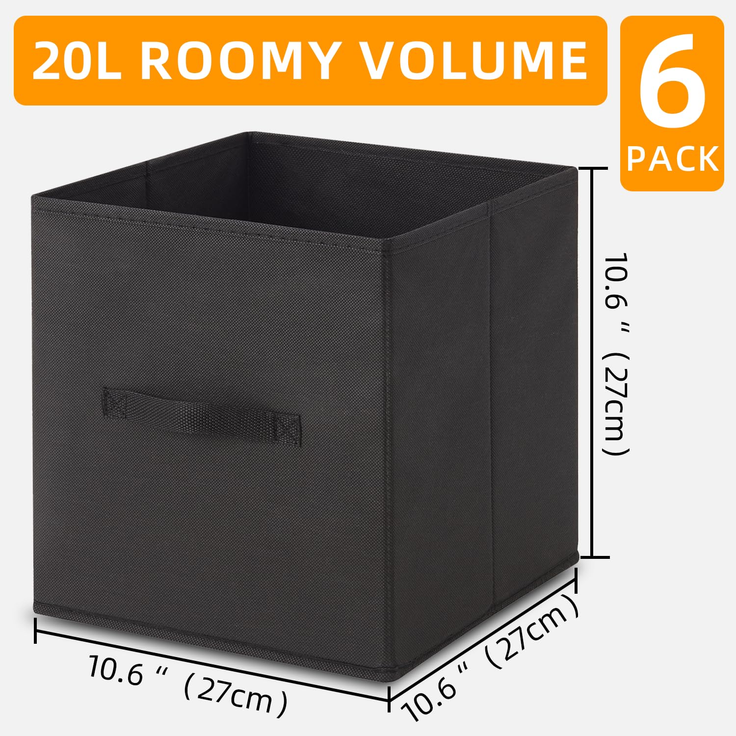 Somdot Fabric Storage Bins with Handle, 10.6 Inch Collapsible Storage Cubes, Foldable Organization Baskets for Closet Shelves Offices Toys, Set of 6 - Black