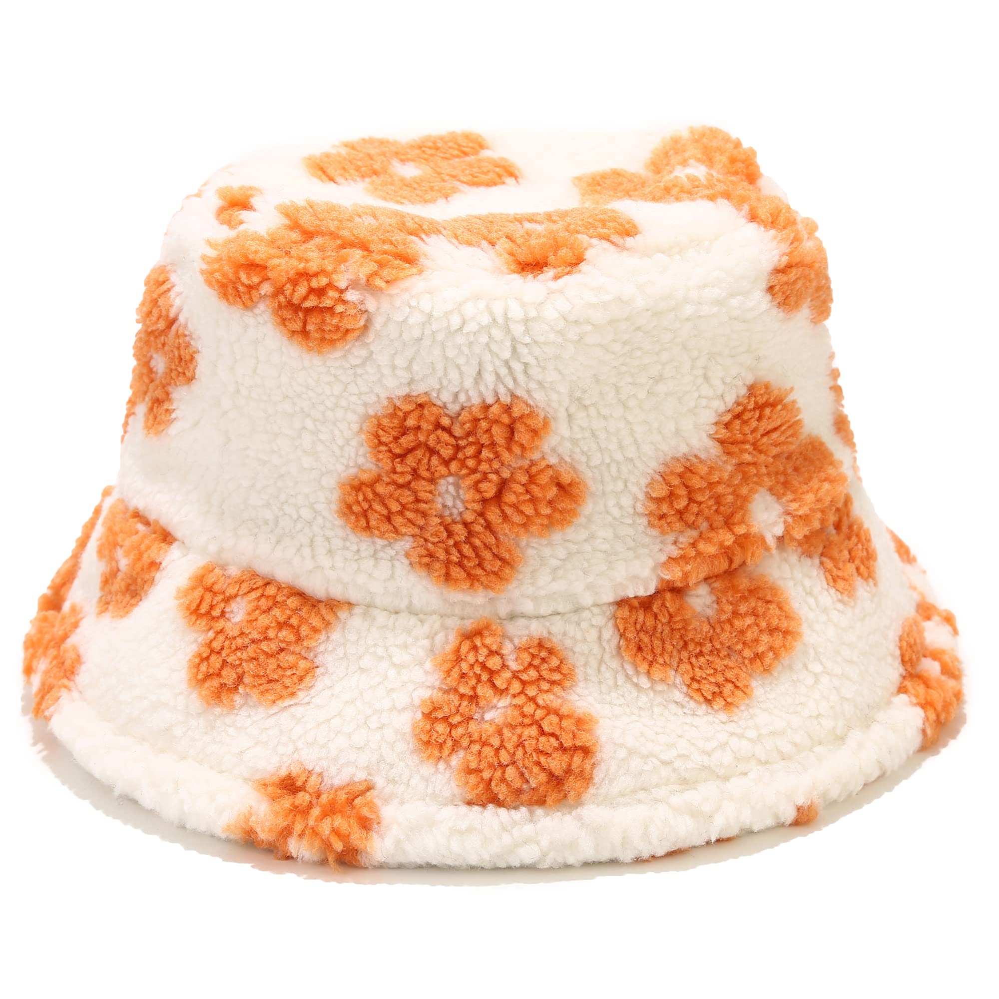 Winter Warm Plush Fuzzy Bucket Hat Faux Fur Daisy Flowers Shearling Fisherman Hats for Women (US, Alpha, One Size, White)