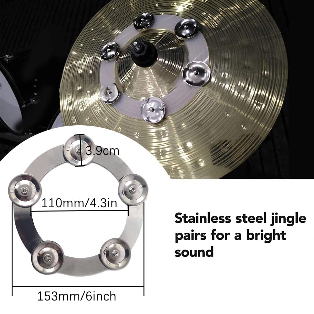 TUOREN 6" Stainless Steel Cymbals Ching Ring Mountable Hi-Hat Stand Tambourine for Jazz Drum Set Drum Kit with 5 Steel Jingles