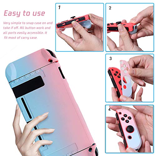 RHOTALL Protective Accessories Cover Case for nintendo Switch, Dockable Case for nintendo switch Console and Joy Con Controller with 2 Cat Claw Thumb Grips (Pink & Blue)