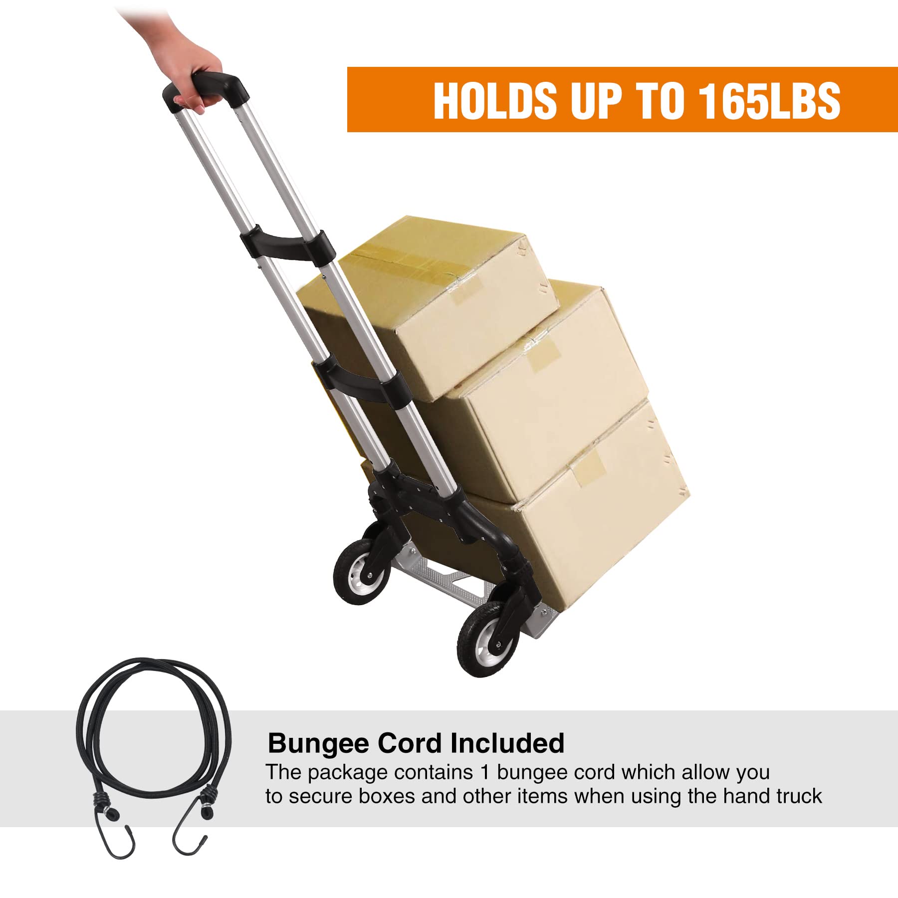 RedSwing Folding Hand Truck, 165lbs Capacity Lightweight Portable Hand Cart with Bungee Rope and 2 Rubber Wheels, Heavy Duty Foldable Hand Dolly for Home Shopping,Moving,Travel,Office ,Silver