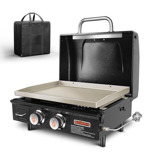QuliMetal Portable Griddle Flat Top Grill 22 Inch Table Top Grill with Hood 2 Burner Gas Grill Propane Grill with Carry Bag Outdoor Griddle Camping Griddle 24,000 BTU 348 Sq 304 Stainless Steel