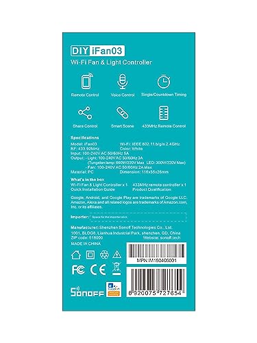 SONOFF iFan03 WiFi Ceiling Fan Light Controller, APP Control&Remote Control, Compatible with Alexa & Google Home Assistant, No Hub Required(2.4G WiFi) (iFan03)