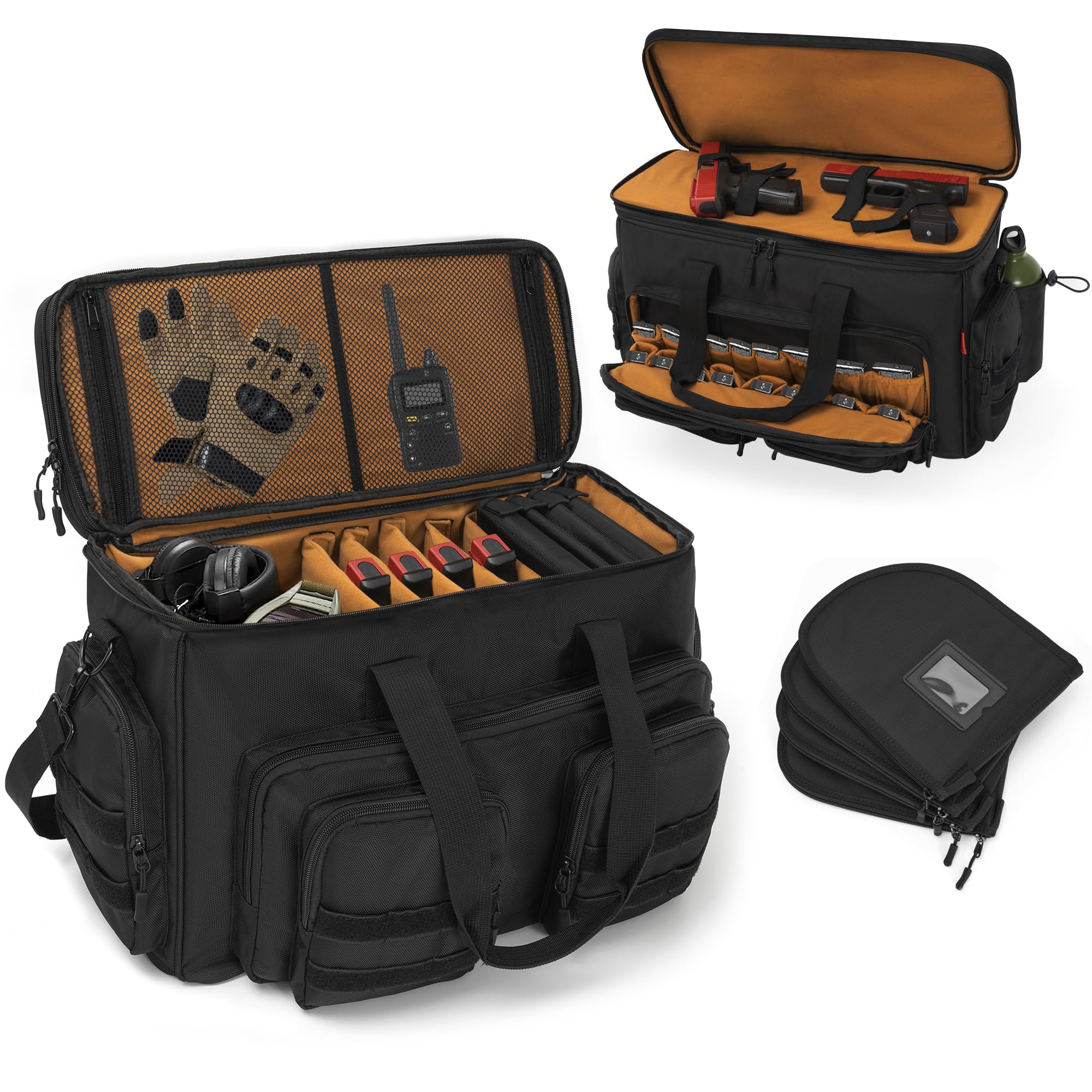 OUUTMEE Tactical Pistol Range Bag with 4 Pistol Cases, Shooting Duffle Range Pistol Bag with 5 Compartments, Multiple Magazine Slots and Extra Pockets for Ammo and Essentials
