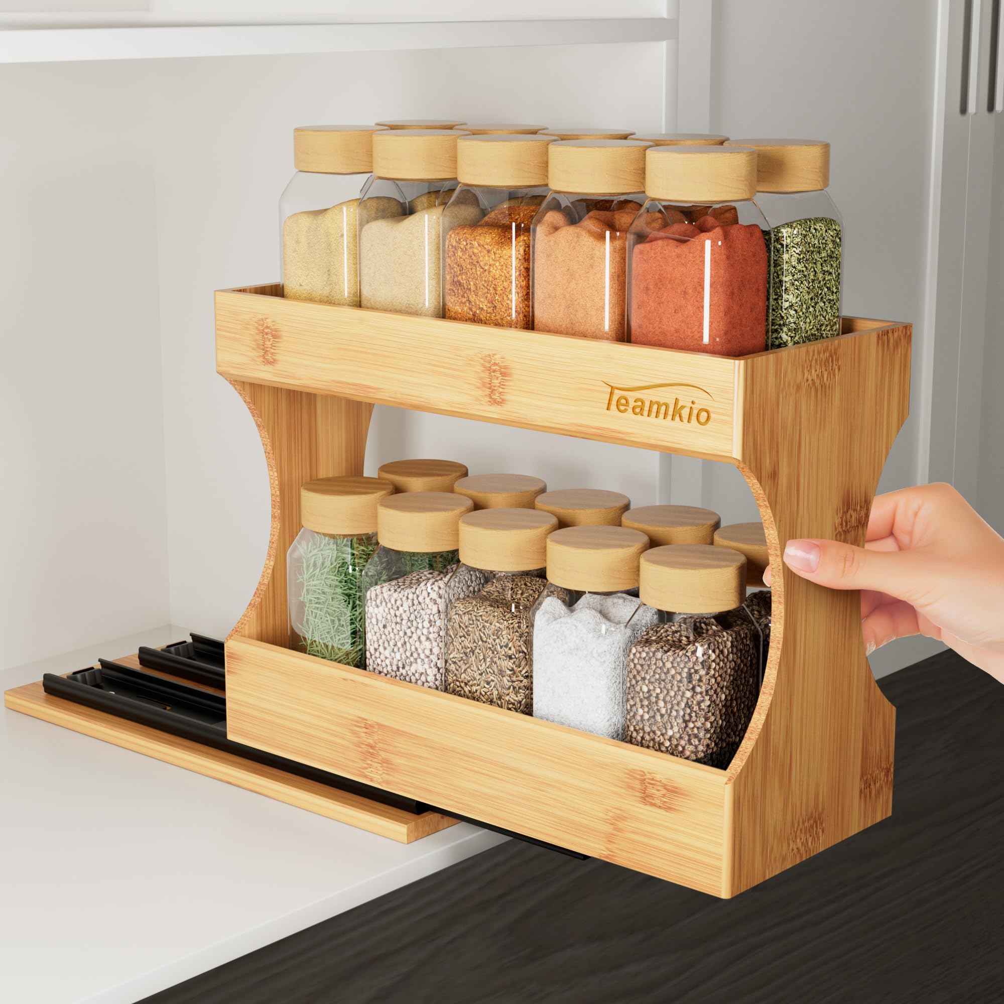 Teamkio Bamboo Spice Rack Organizer for Cabinet, 2-Tier Pull Out Spice Rack, Tool-Free Install Slide Out Vertical Seasoning Spice Organizer for Kitchen Cabinet(Bottles not included