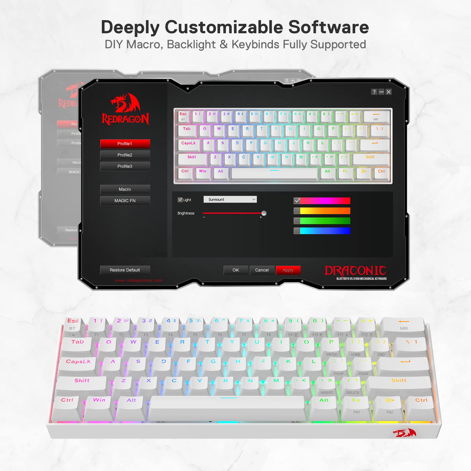 Redragon K530 Pro Draconic 60% Wireless RGB Mechanical Keyboard, BT/2.4Ghz/Wired 3-Mode 61 Keys Compact Gaming Keyboard w/Hot-Swap Socket, Free-Mod Plate Mounted PCB & Tactile Brown Switch