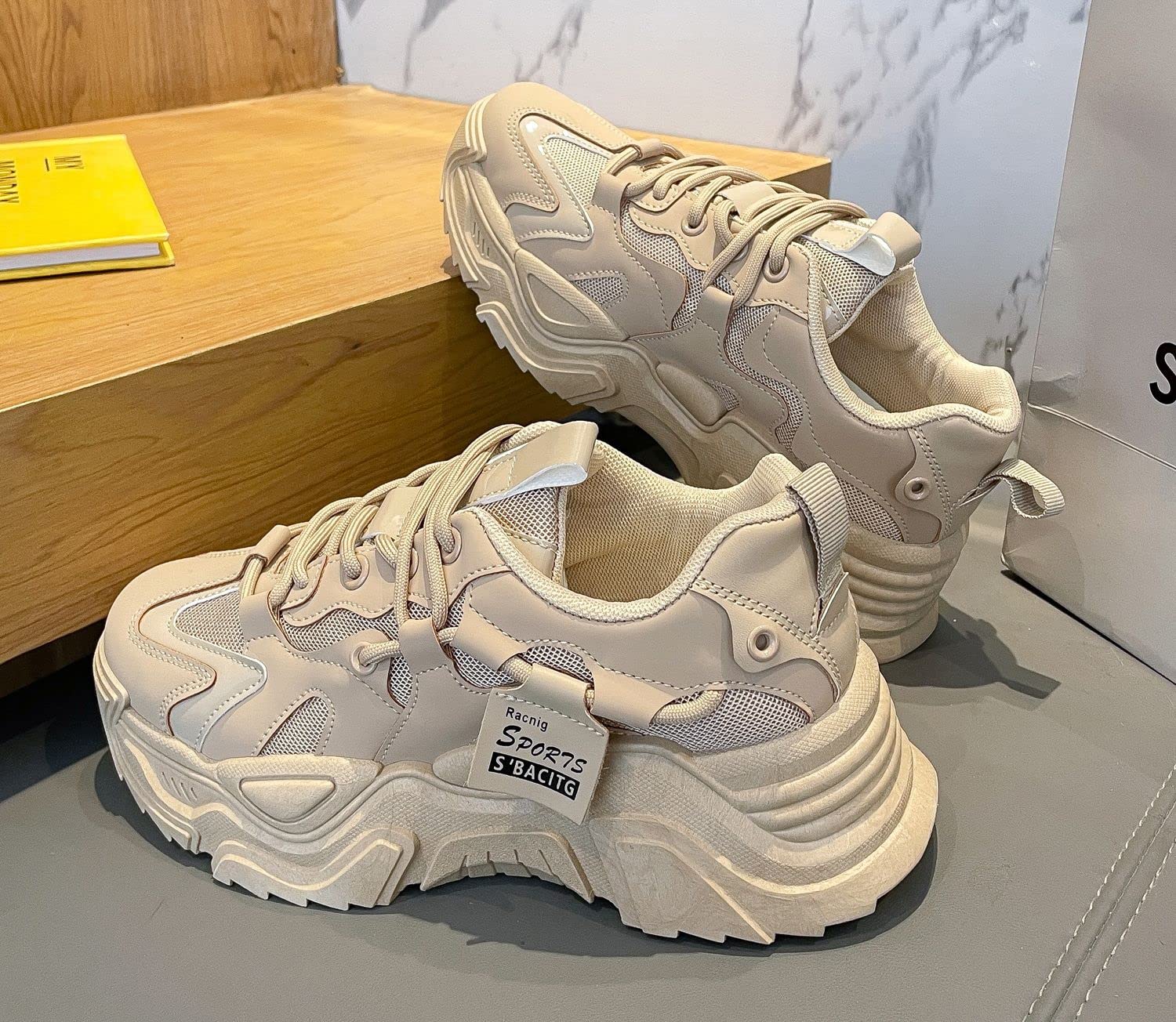 VAXAV Women's Fashion Breathable Mesh Platform Sneakers Casual Jogging Walking Shoes Size 7 Khaki