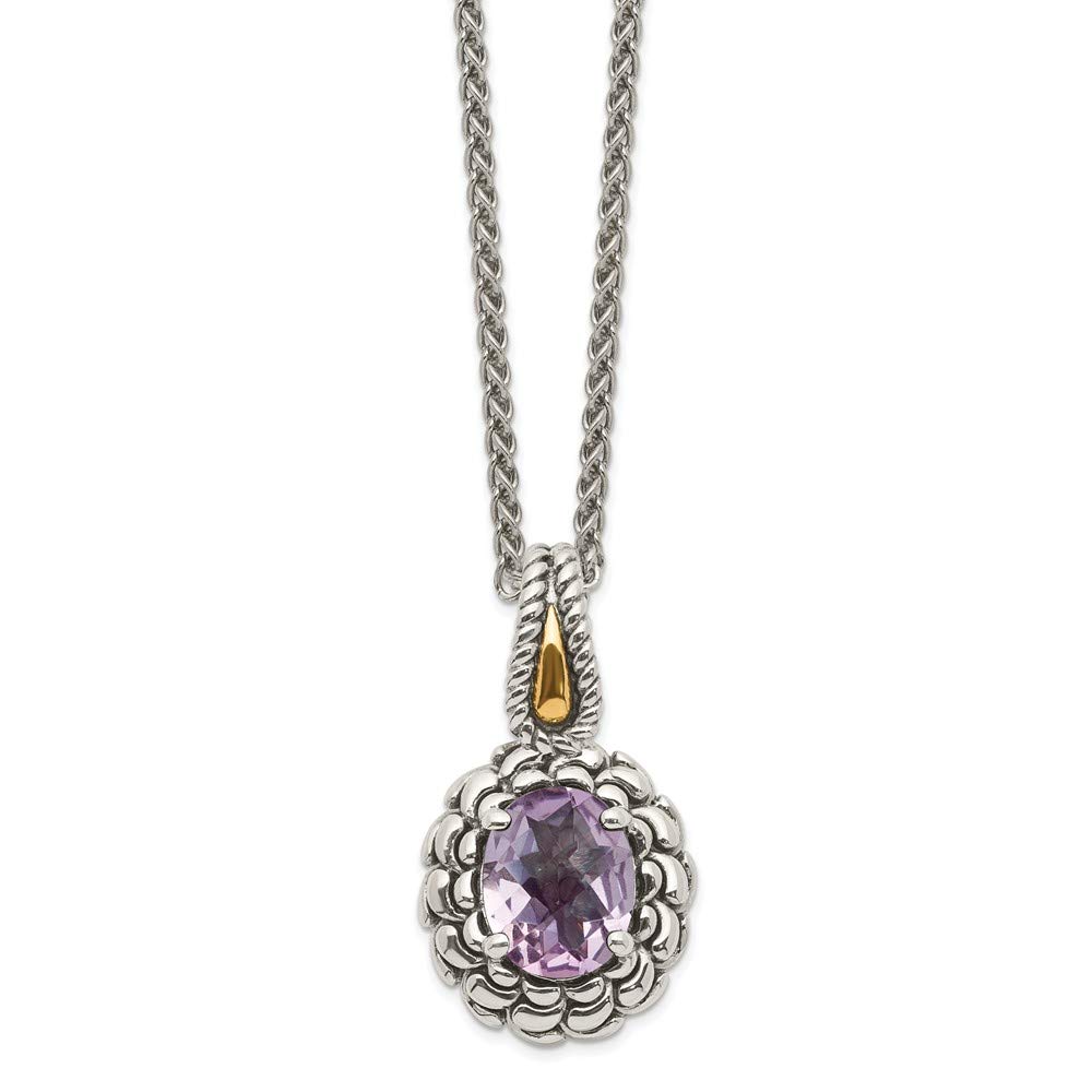 Solid 925 Sterling Silver 14k Yellow Gold Pink Quartz Pendant Charm - with Secure Lobster Lock Clasp 18" (Width = 14mm)