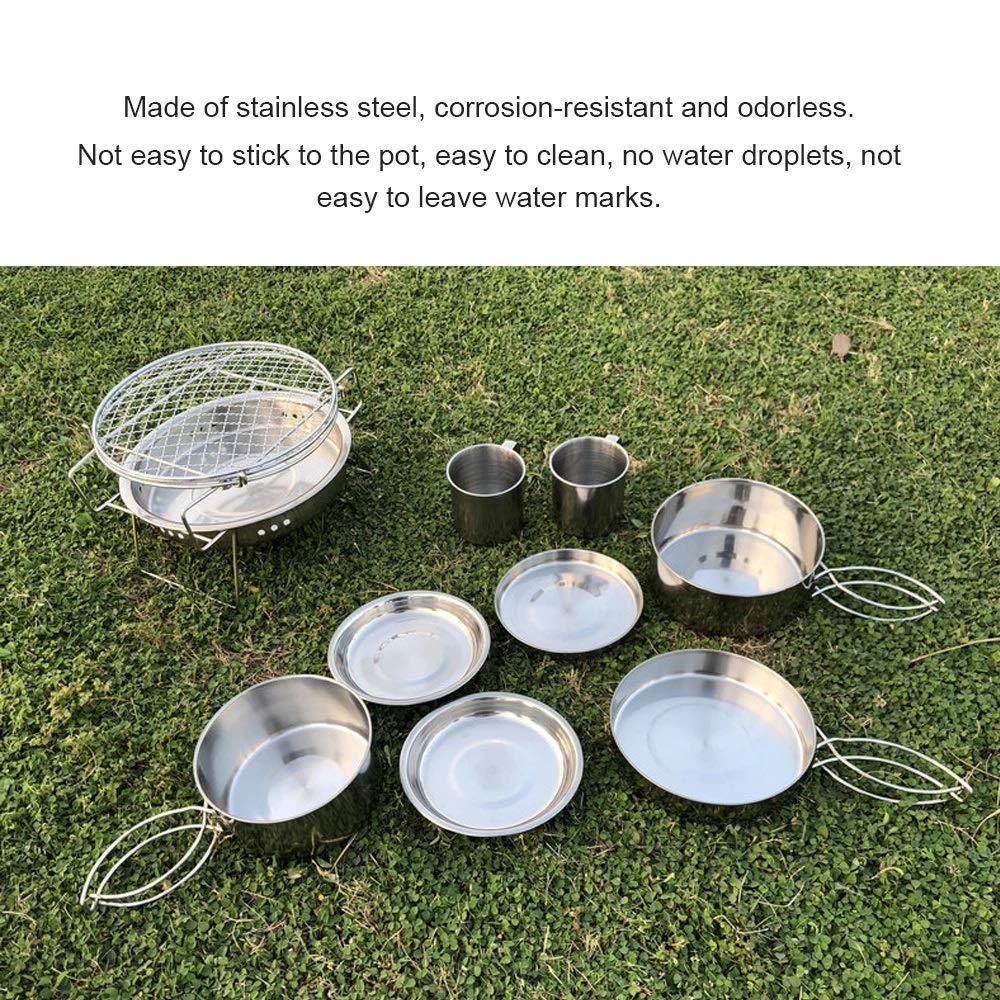 YFDM 8pcs Outdoor Pan Set Stainless Steel Stacking Pots Hiking Pot Camping Cookware Non-Stick Picnic Cooking Bowl Pot Kit