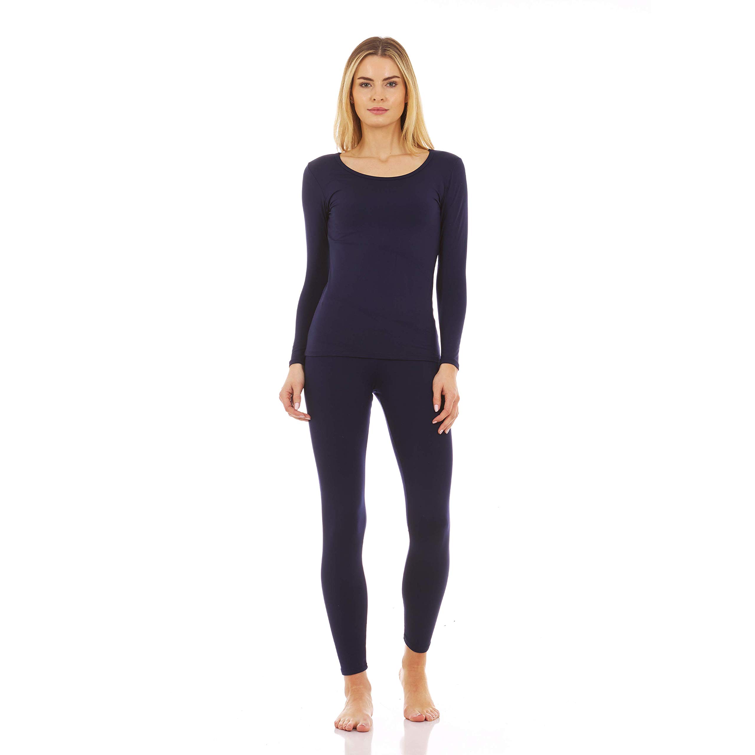 Thermajane Long Johns Thermal Underwear for Women Scoop Neck Fleece Lined Base Layer Pajama Set Cold Weather (Navy, Small)