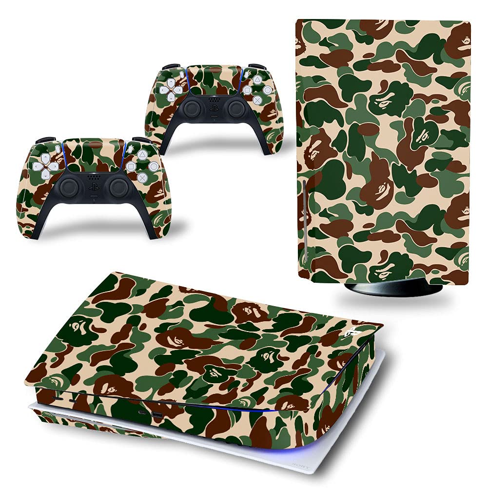 TINFOK PS5 Skin Vinyl Sticker Decal Cover For PlayStation 5 Disc Edition Console and Dualsense Controllers Scratch Resistant Durable Bubble Free - Camouflage Ape