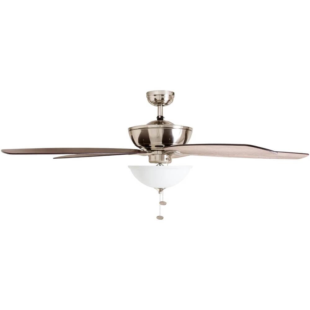 Prominence Home Denon, 60 Inch Traditional Indoor LED Ceiling Fan with Light, Pull Chain, Three Mounting Options, 5 Dual Finish Blades, Reversible Motor 51029-01 (Brushed Nickel)