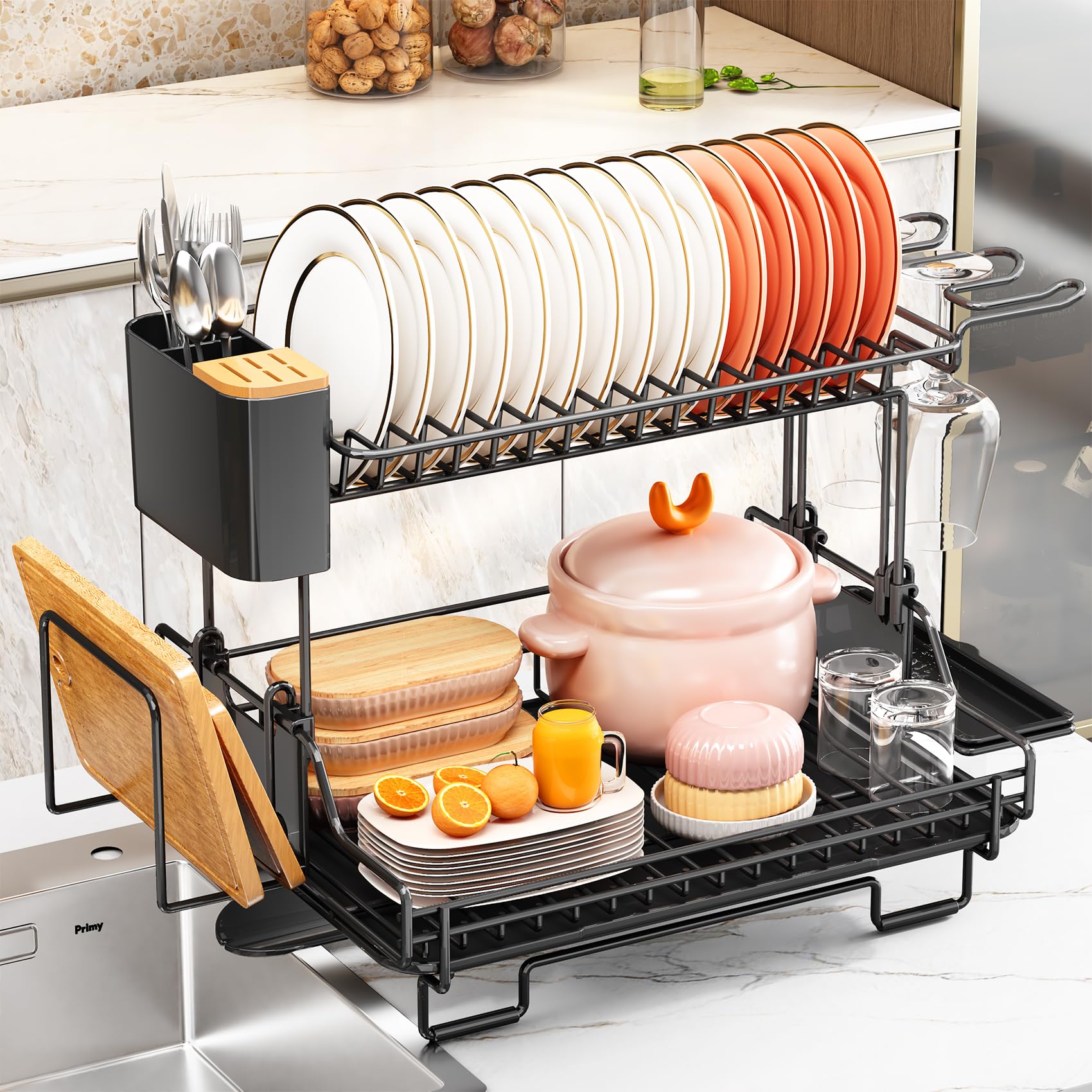 Ourackey Dish Drying Rack, 2 Tier Dish Rack, Large Dish Racks for Kitchen Counter, Anti-Rust Multifunctional Dish Drainer with Cutlery, Drain Board & Cup Holder, Black
