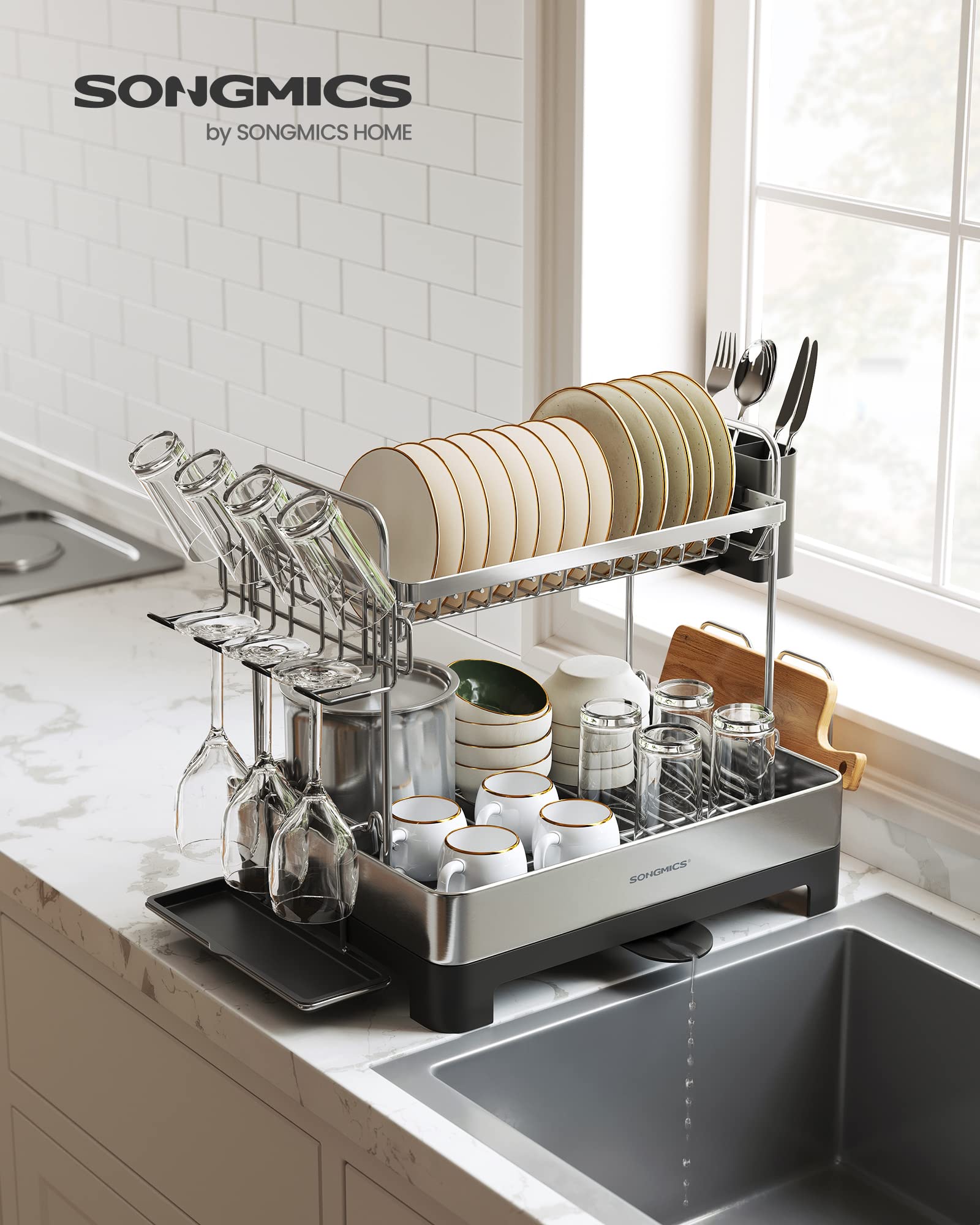 SONGMICS Dish Drying Rack - 2 Tier Dish Rack for Kitchen Counter with Rotatable and Extendable Drain Spout, Dish Drainer with Utensil, Cup, Glass, Cutting Board Holders, Black UKCS032B01