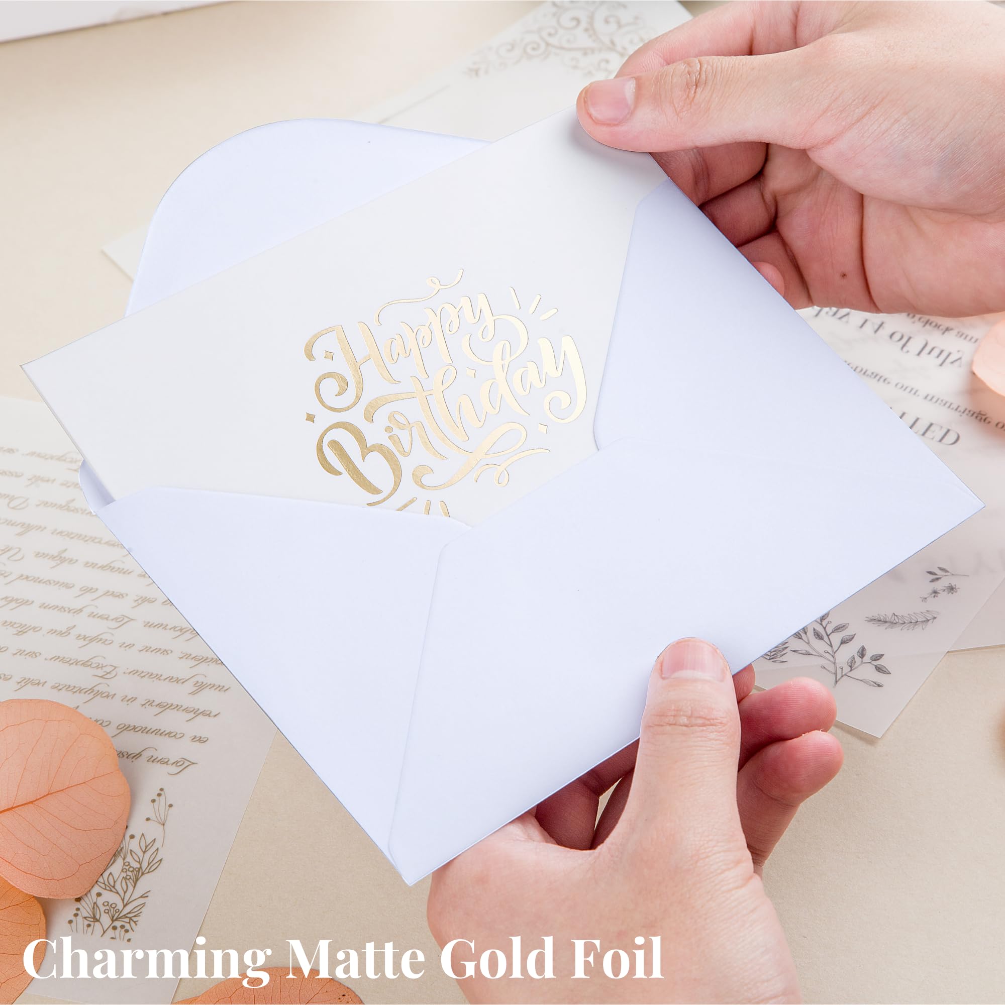 Paper Play 20 Pack Assorted Birthday Cards - 4 Matte Gold Foil Designs Happy Birthday Cards - 4 x 6 Inches Blank Birthday Notes Bulk Box Set - Greeting Cards with Envelopes & Gold Foil Stickers