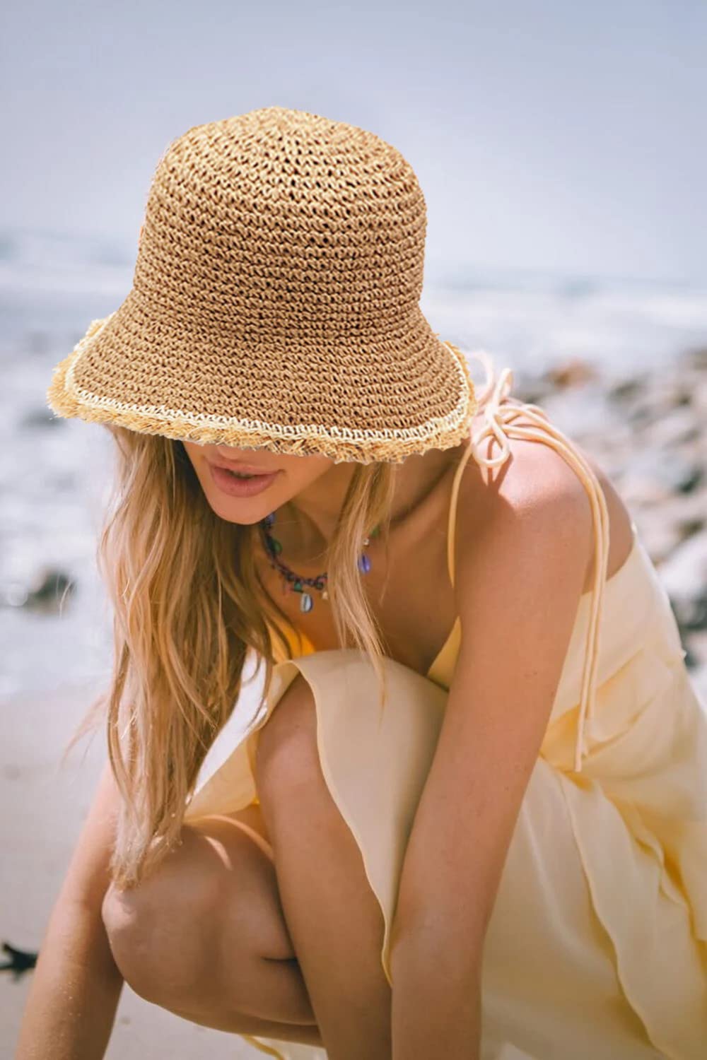 Womens Summer Frayed Straw Bucket-Sun-Hats Floppy Wide Brim Beach Straw Bucket Hat (Large/60cm) Khaki