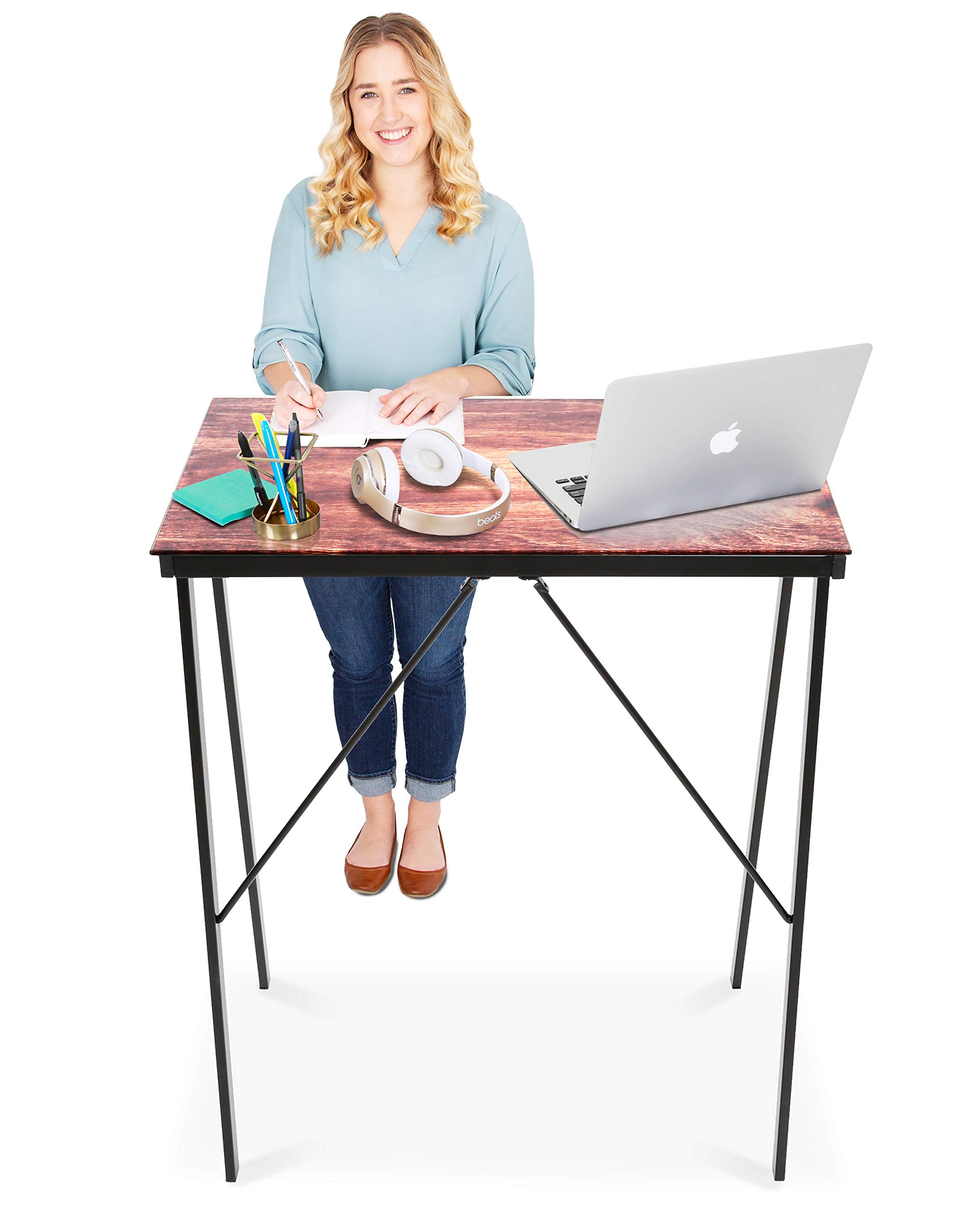 Stand Steady Joy Desk | Compact Multifunctional Standing Table for Home & Office | Modern Glass Top with Stylish Wood Design | Space-Saving Standing Desk for Small Workspaces (Wood / 32in x 41in)
