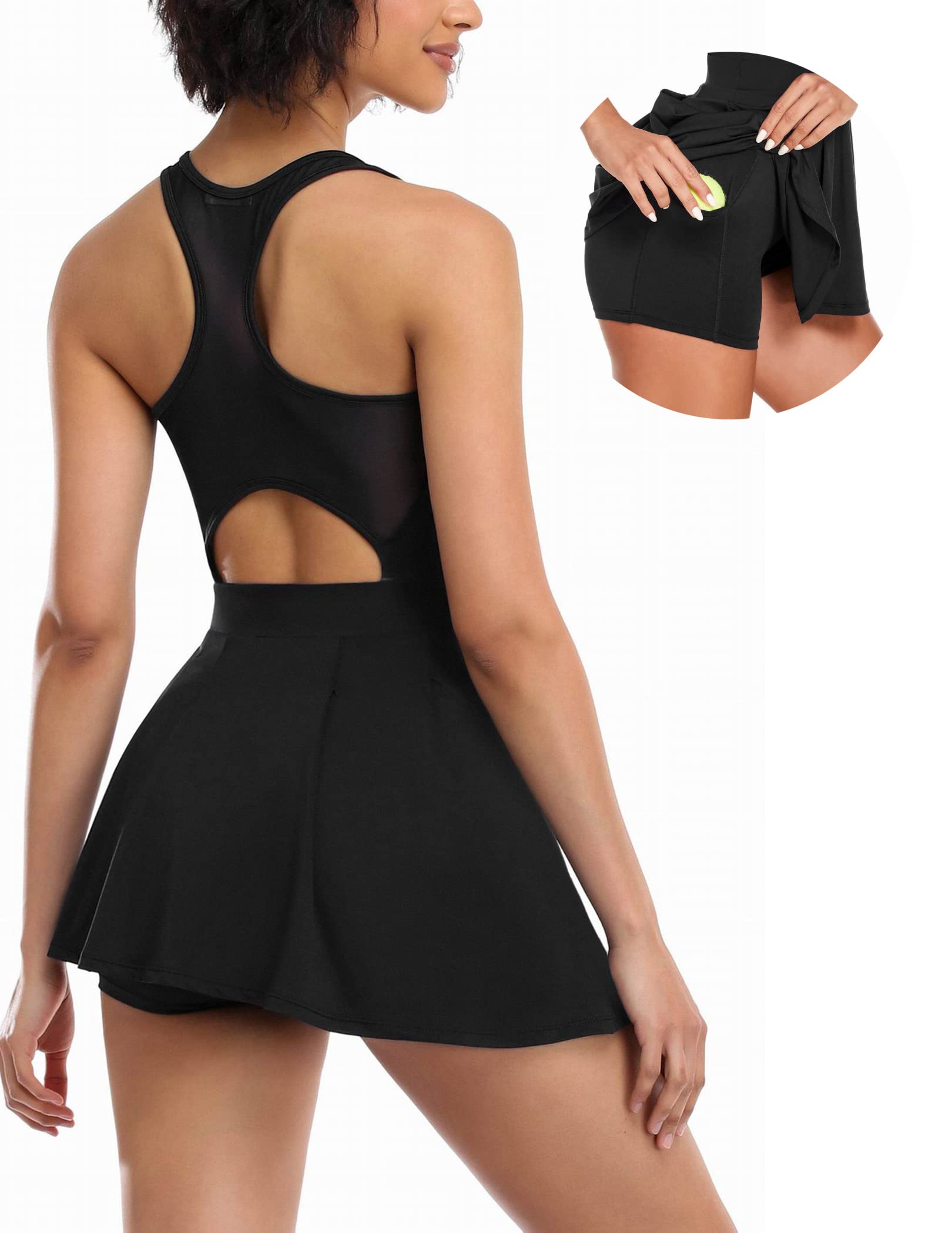 Women's Golf Tennis Dress Built in Shorts Mesh Racerback Workout Exercise Dress Quick Dry Black L