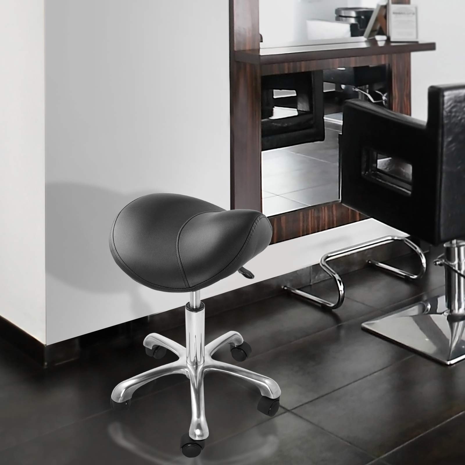 Saloniture Professional Ergonomic Saddle Stool, Black - Adjustable Hydraulic Seat, Rolling Spa Salon, Massage, and Medical Office Chair with Swivel Wheels