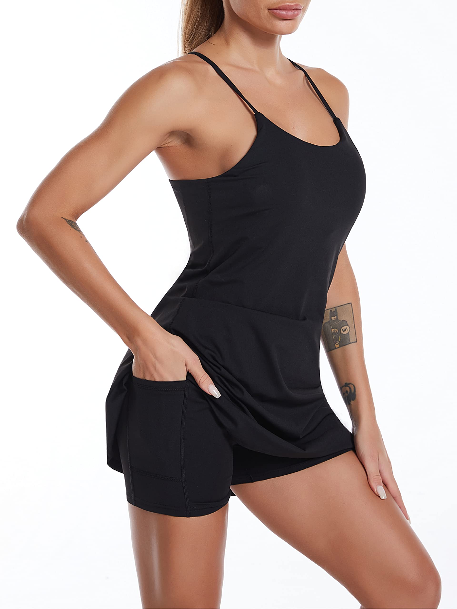 Women's Sleeveless Exercise Tennis Dress with Built-in Bra & Shorts Golf Workout Athletic Dresses Pockets Black