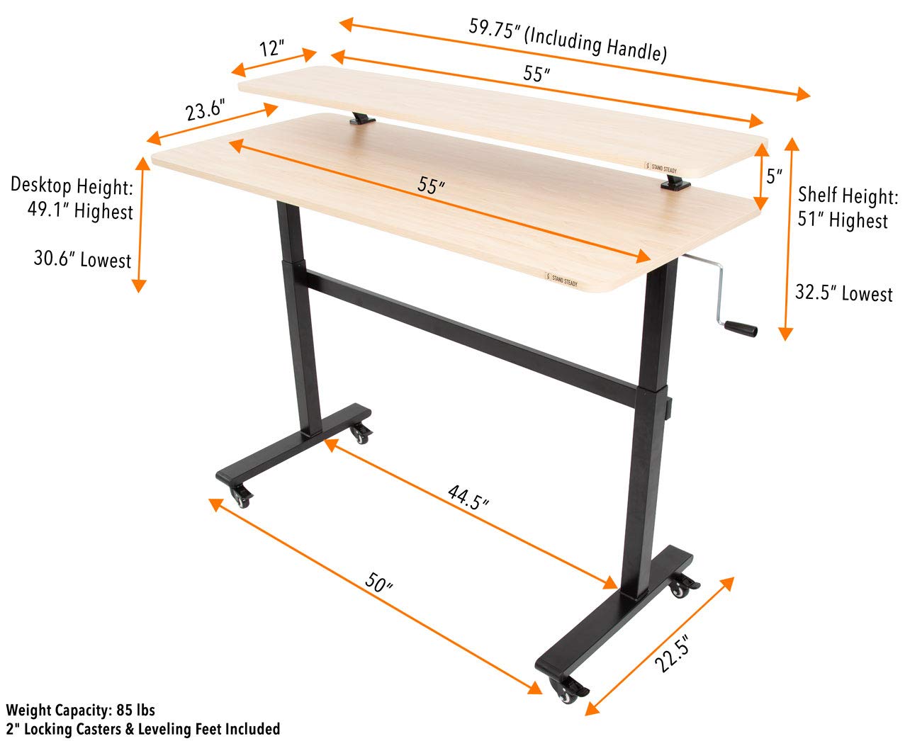 Stand Steady Tranzendesk | 55 Inch Standing Desk with Clamp On Shelf & Detachable Wheels | Crank Height Adjustable Sit to Stand Workstation | Monitor Riser Supports 3 Screens (55 in / Maple)
