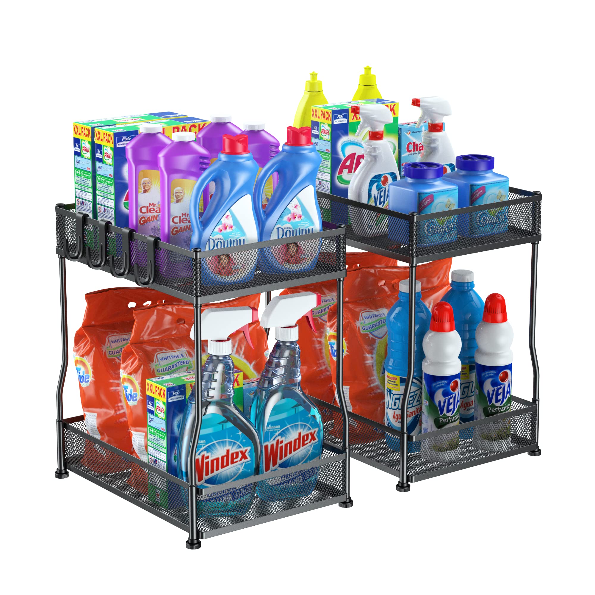 Under Sink Organizers and Storage, PHINOX Under Sink Storage for Kitchen with 4 Hooks, Reinforced Metal Kitchen Sink Cabinet Storage Organizer-2 PACK