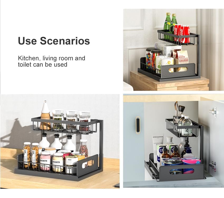 Under Sink Organizer and Storage for Kitchen Bathroom Cabinet - 2 Tier Slide Out Sink Shelf Cabinet Drawer - Store Large Items - No Drilling Rustproof Carbon Steel Shelf - Black - 1 Pack
