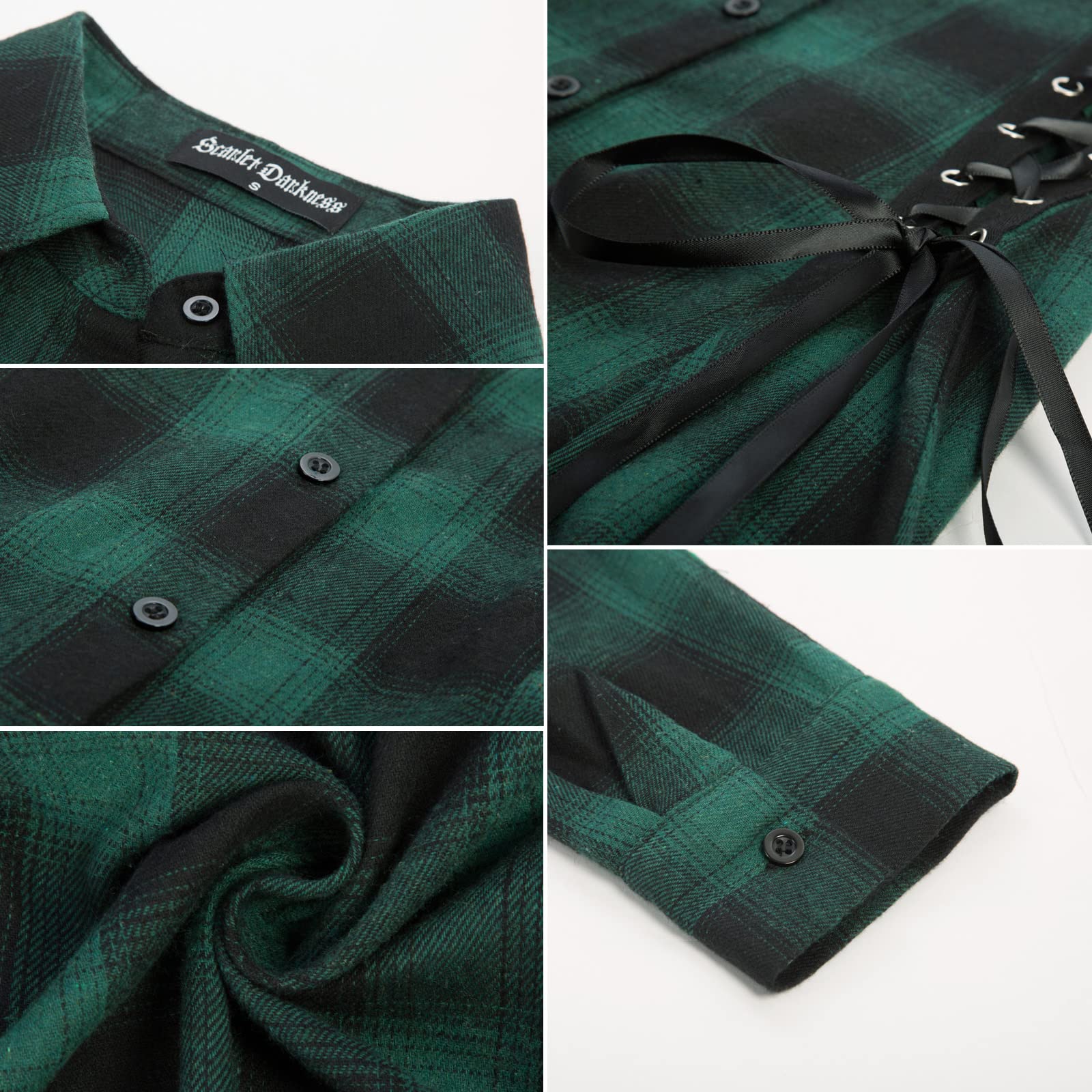 Women's Goth Punk Plaid Dress Handkerchief Hem Lapel Collar Dress Dark Green 2XL