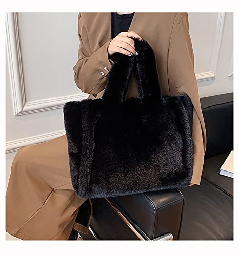 Women Fluffy Shoulder Bag Plush Handbag Wallet Tote Bag for Autumn and Winter (Large black)
