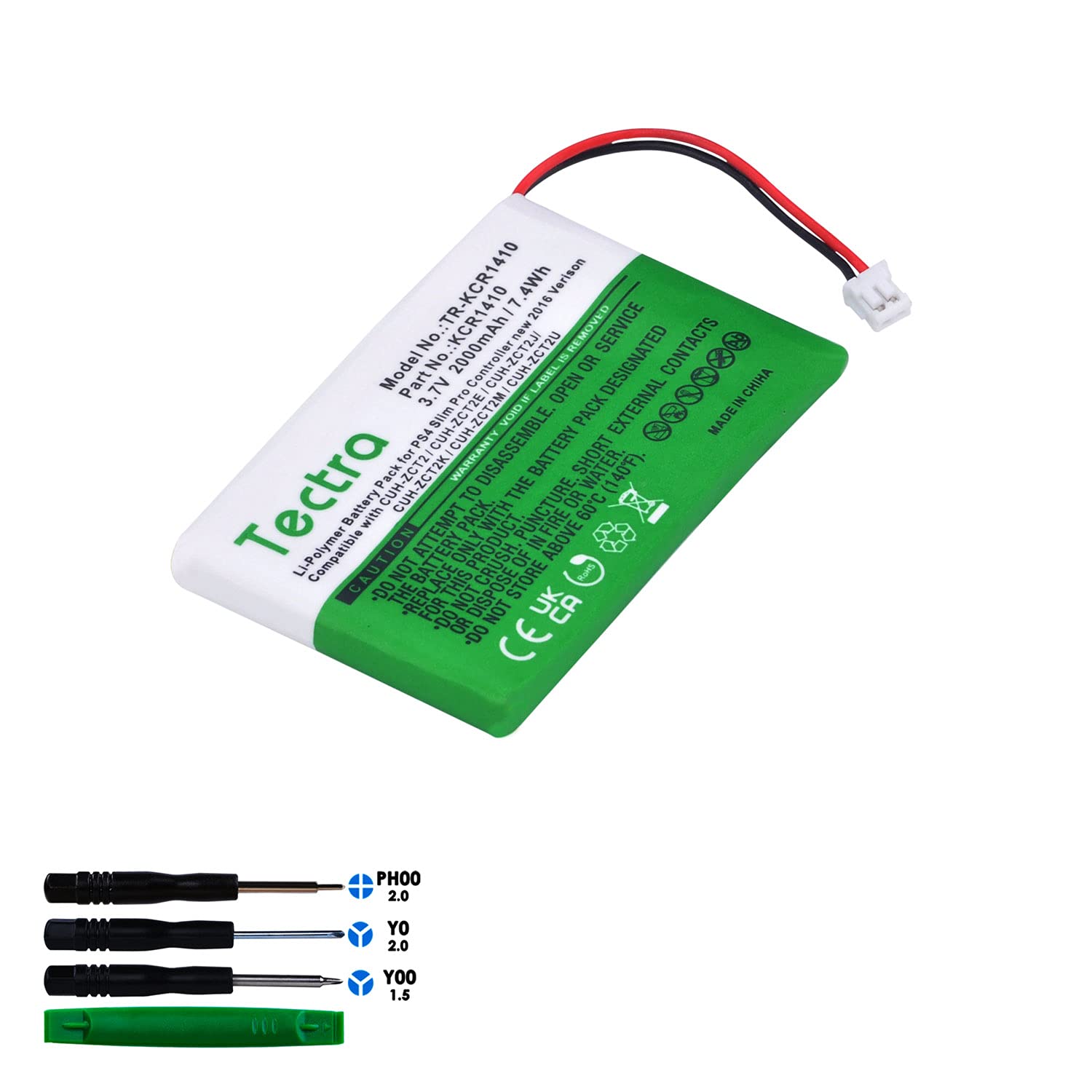 Tectra 3.7V 2000mAh KCR1410 Battery for Sony PS4 Slim/Pro Wireless Dual Shock Controller CUH-ZCT2, CUH-ZCT2U, New 2016 Version (Small Plug)